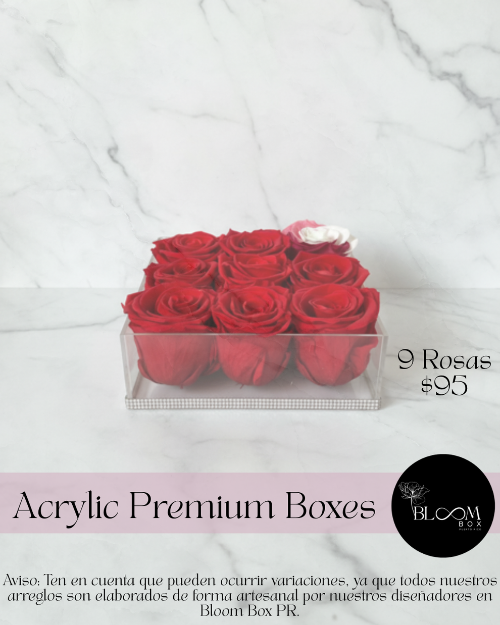 9 Rosas Preservada en caja acrílica Deluxe con borde en rhinestones ...